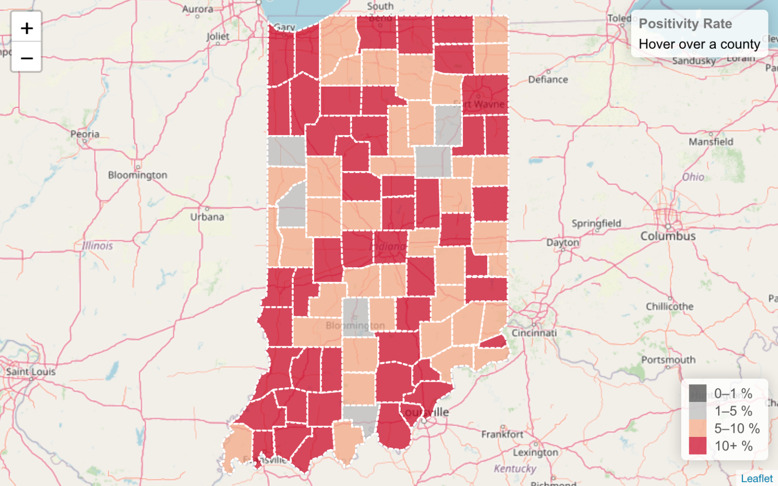 COVID-19 Positivity Rate in Indiana Counties visualized with Leaflet.js ...